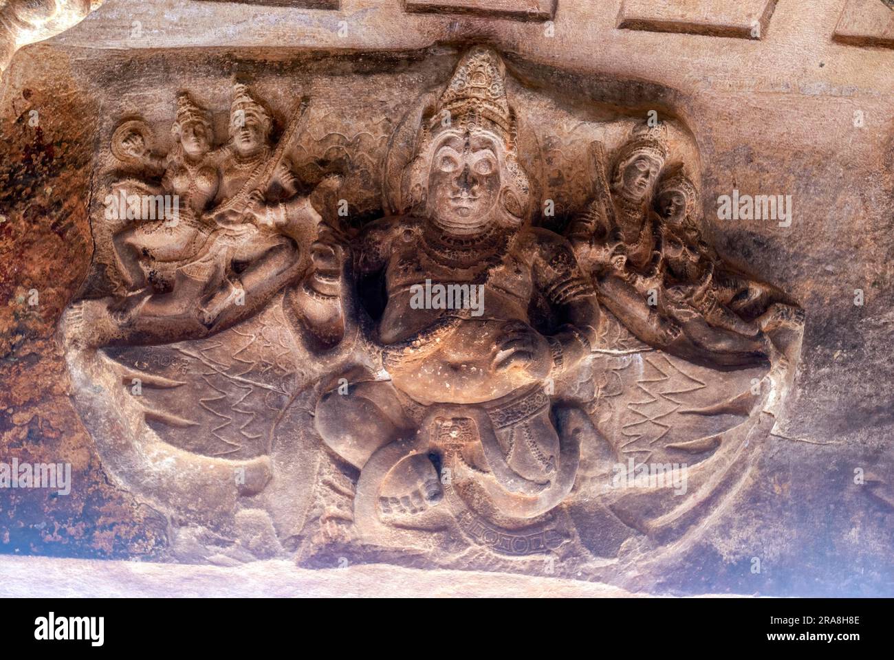Bas reliefs on the ceiling, Badami Cave Temples in Badami in Karnataka ...