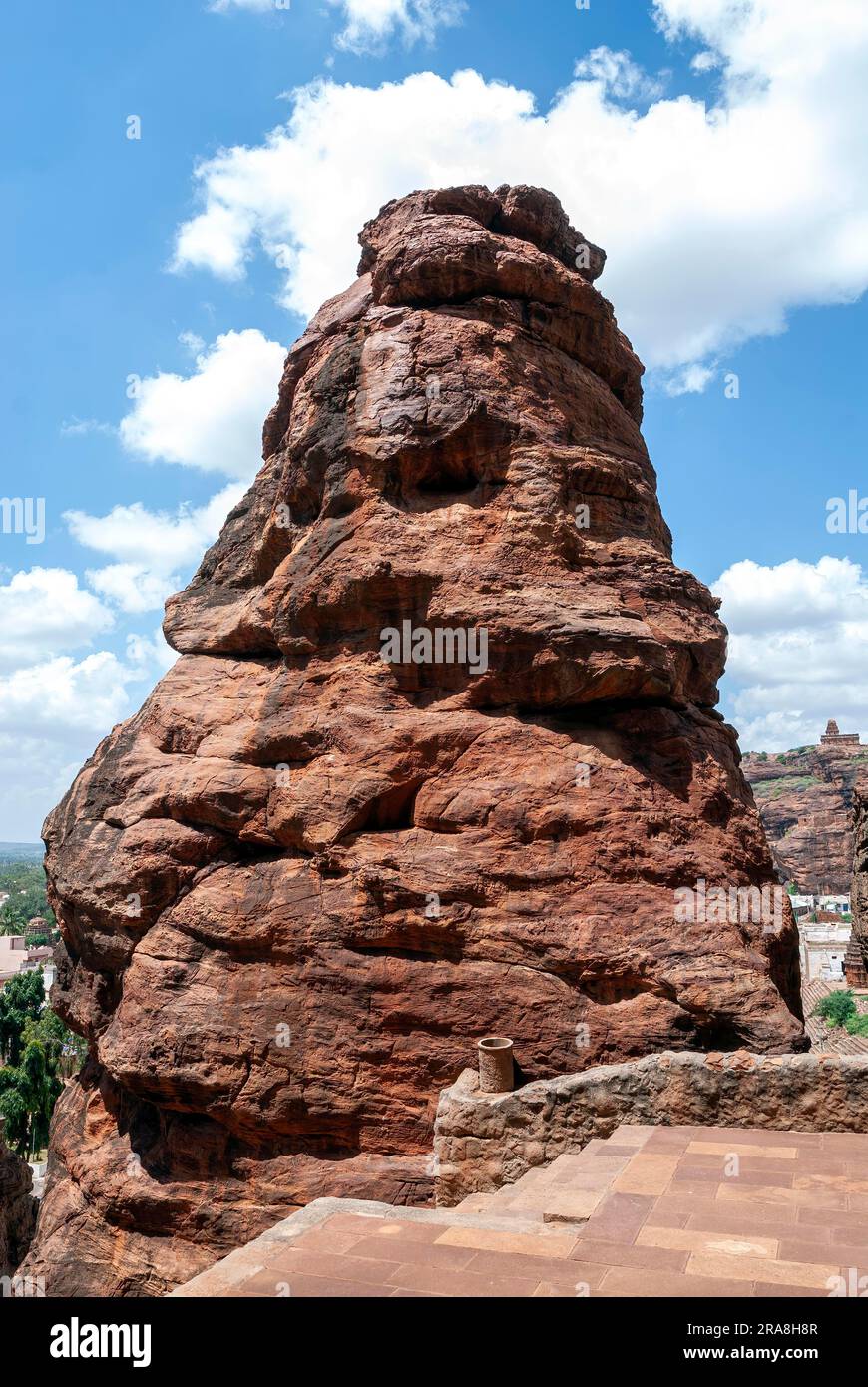 Rust red sandstone cliff in south fort, Badami, Karnataka, South India ...