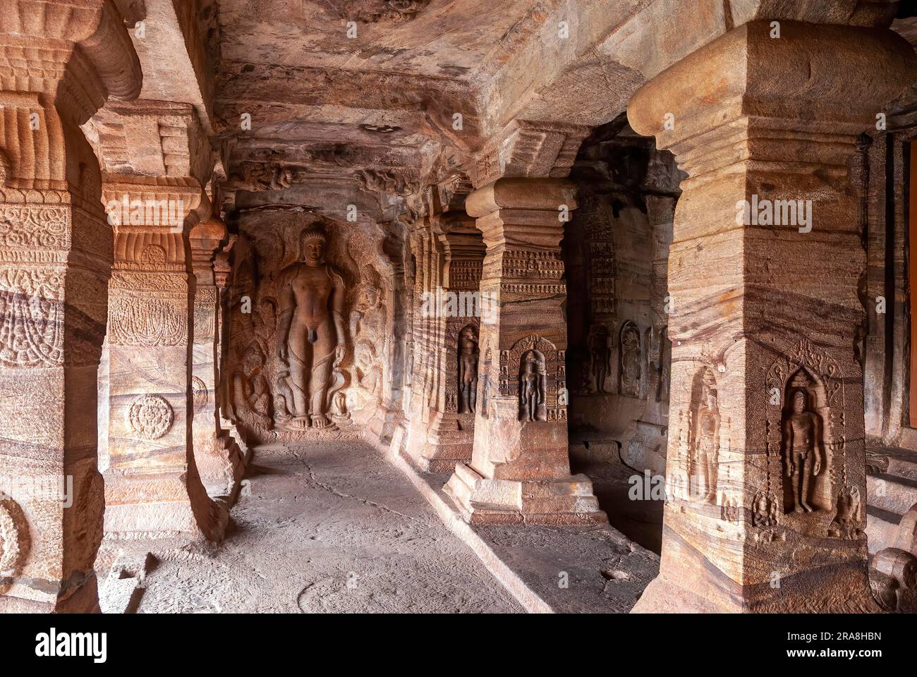 8th century Bahubali in Cave 4, Badami Jain cave temple in Badami, Karnataka, South India, India ...