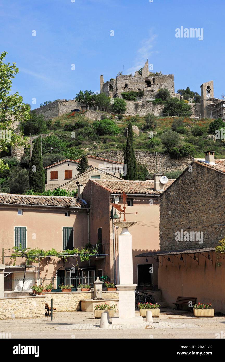 Monument and castle ruins, Entrechaux, Vaucluse, Provence-Alpes-Cote d ...