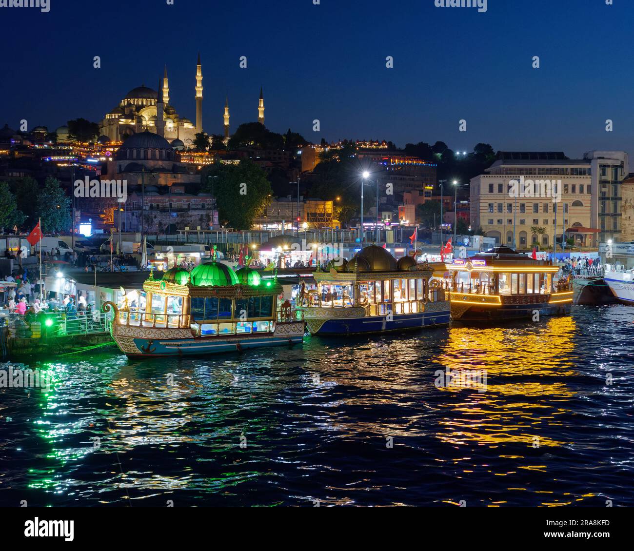 Fish sandwich (Balık ekmek) boats on the Golden Horn River in Eminonu ...
