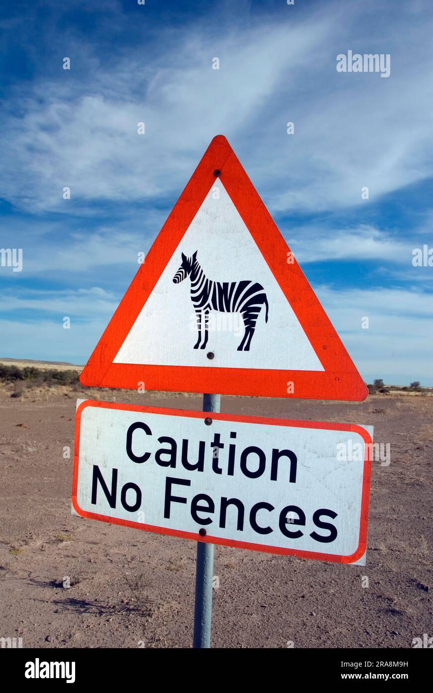 Traffic sign 'Zebra', 'Caution no fence', Namibia, warning of zebras ...