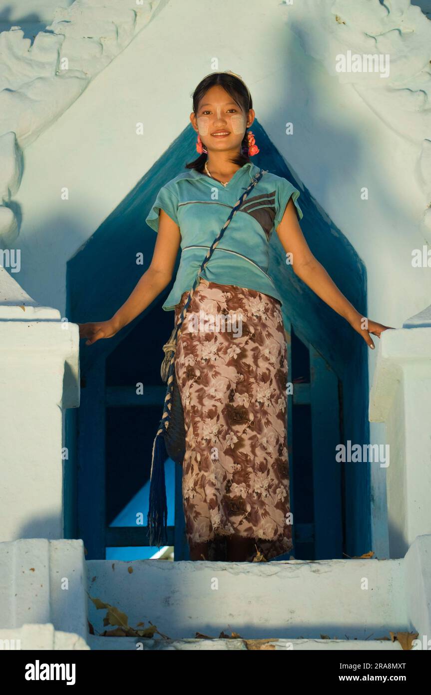 Young Burmese woman with Thanaka paste on her face, Amarapura, Burma ...