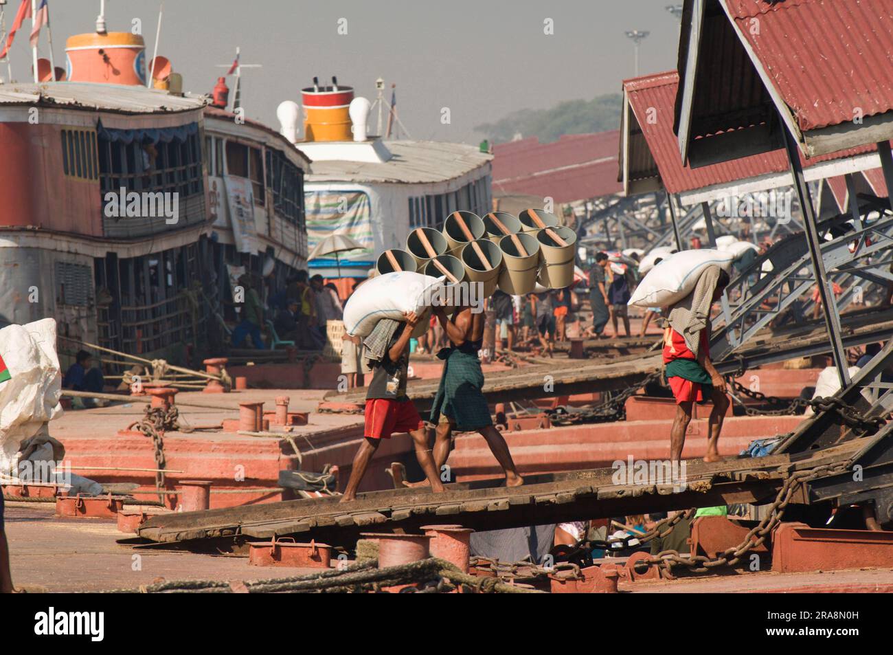 Men in dock carrying sacks, Yangon, Burma, Myanmar, Rangoon, dock ...