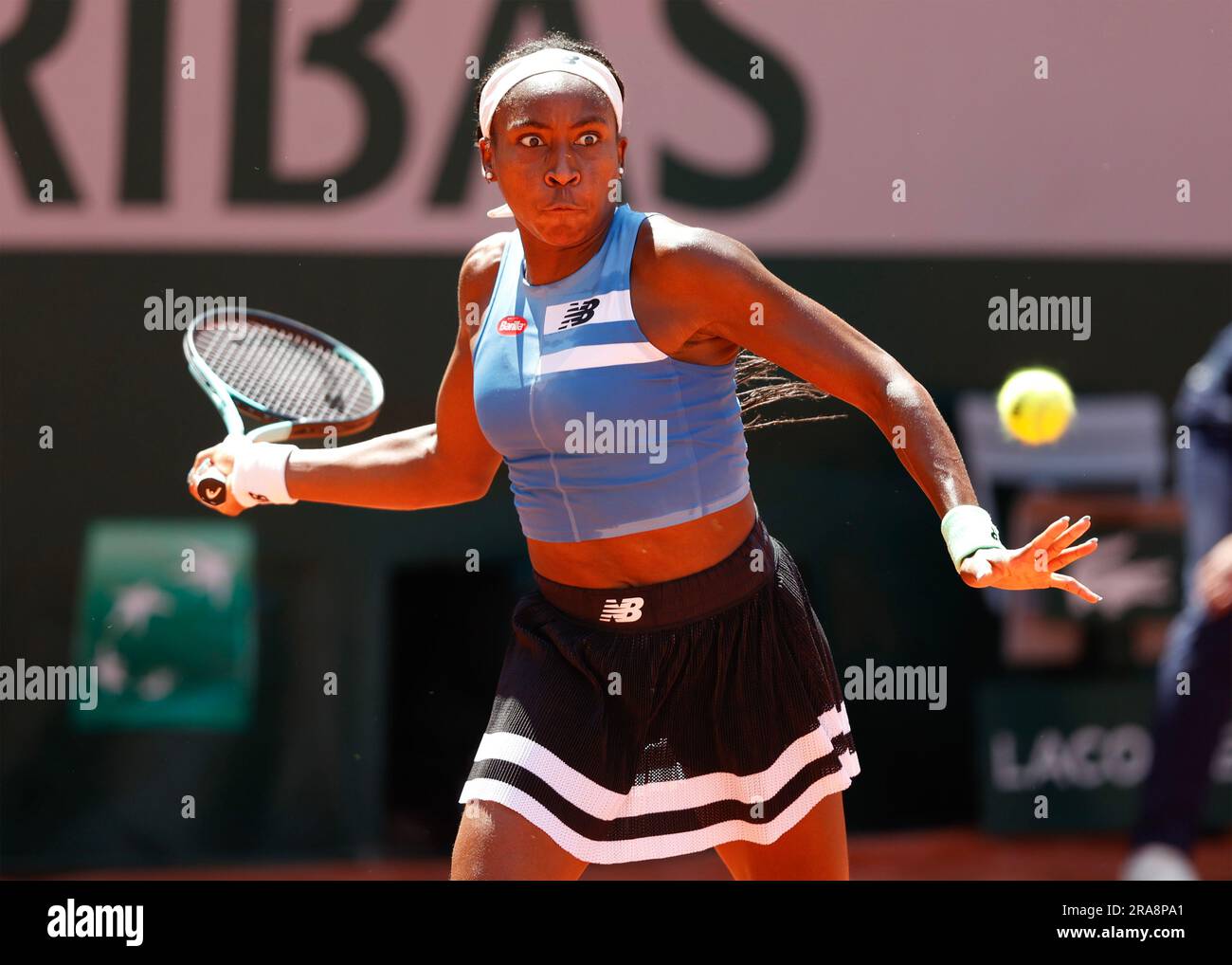 American tennis player Coco Gauff playing a forehand during French Open ...