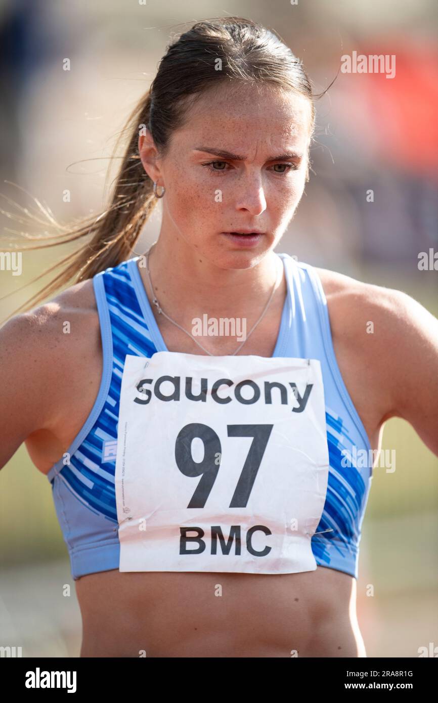 Rhiannon Hawker of Cardiff AC competing in the BMC women’s 800m A race ...