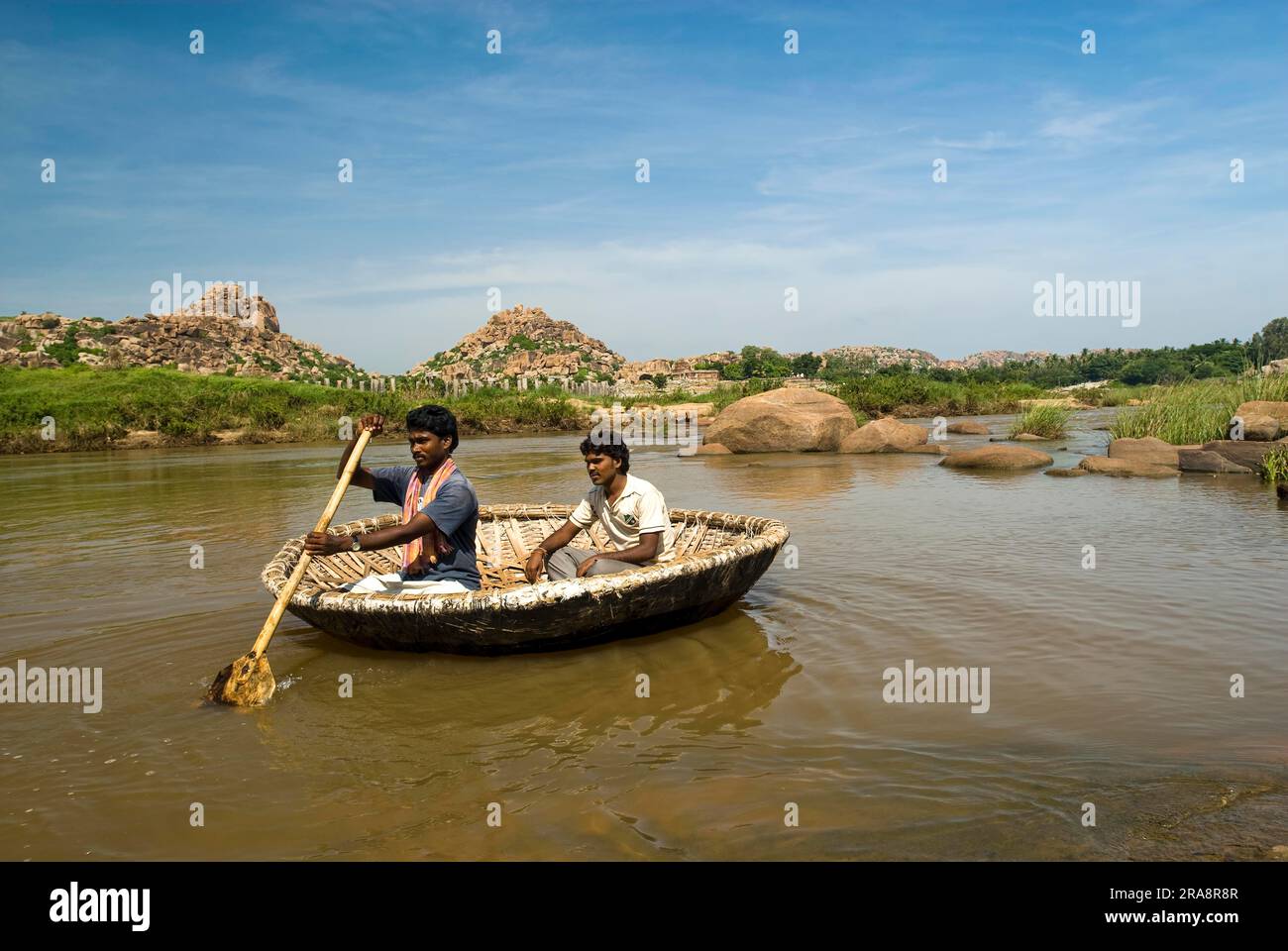 Coracle on the Tungabhadra River at Anegundi in Hampi, Karnataka, South ...