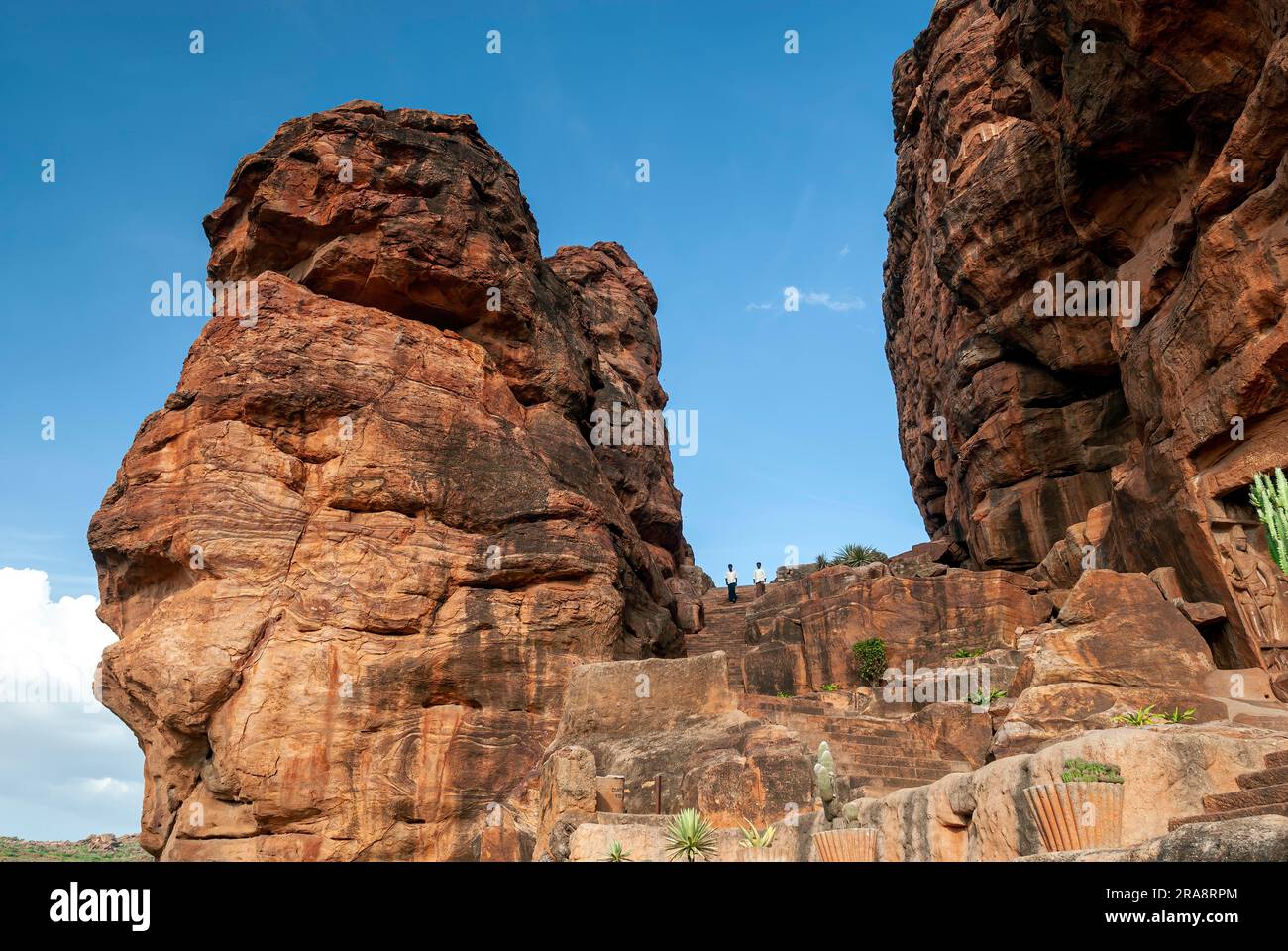 Rust red sandstone cliff in south fort, Badami, karnataka, South India ...