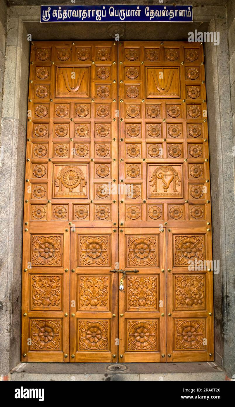 Temple door, Sundaravarada Perumal Vishnu temple in Uthiramerur near ...