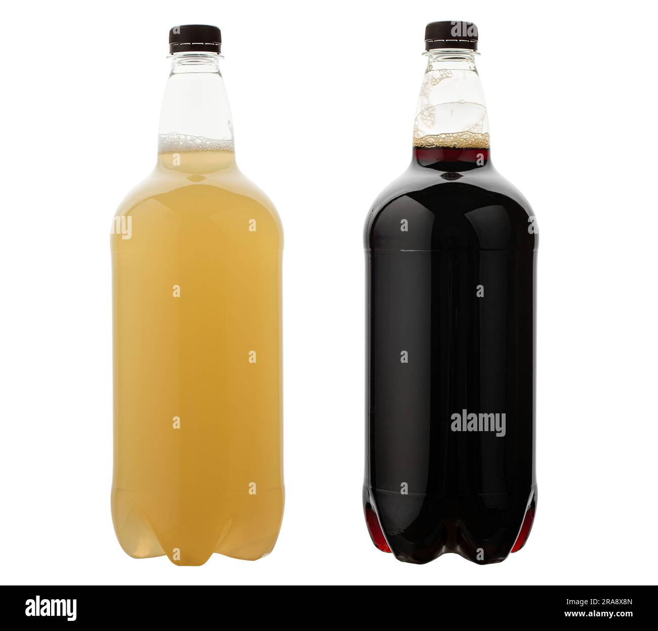 Two plastic bottles with dark and light beer. Isolated on a white ...