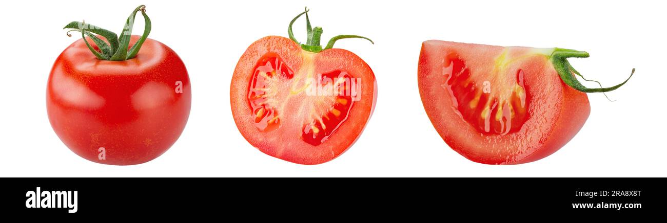 Ripe red tomato, set - whole and cut tomatoes. Isolated on a white ...