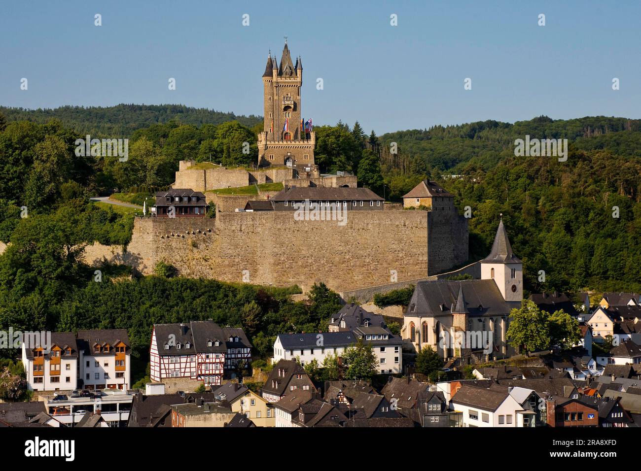 The town of Dillenburg with the Wilhelm Tower above the town, Hesse ...