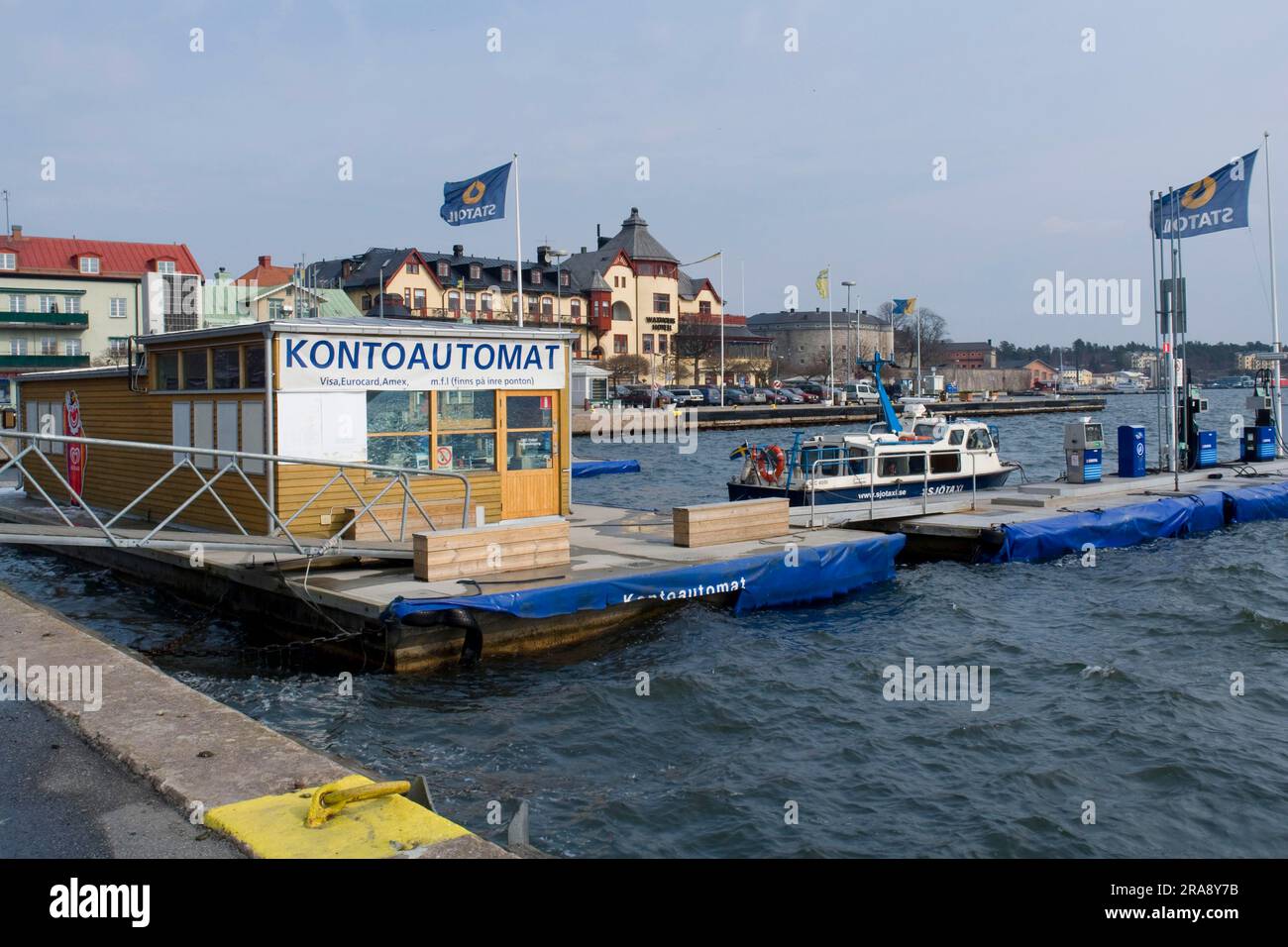 Statoil' petrol station at the harbour, Vaxholm archipelago island ...