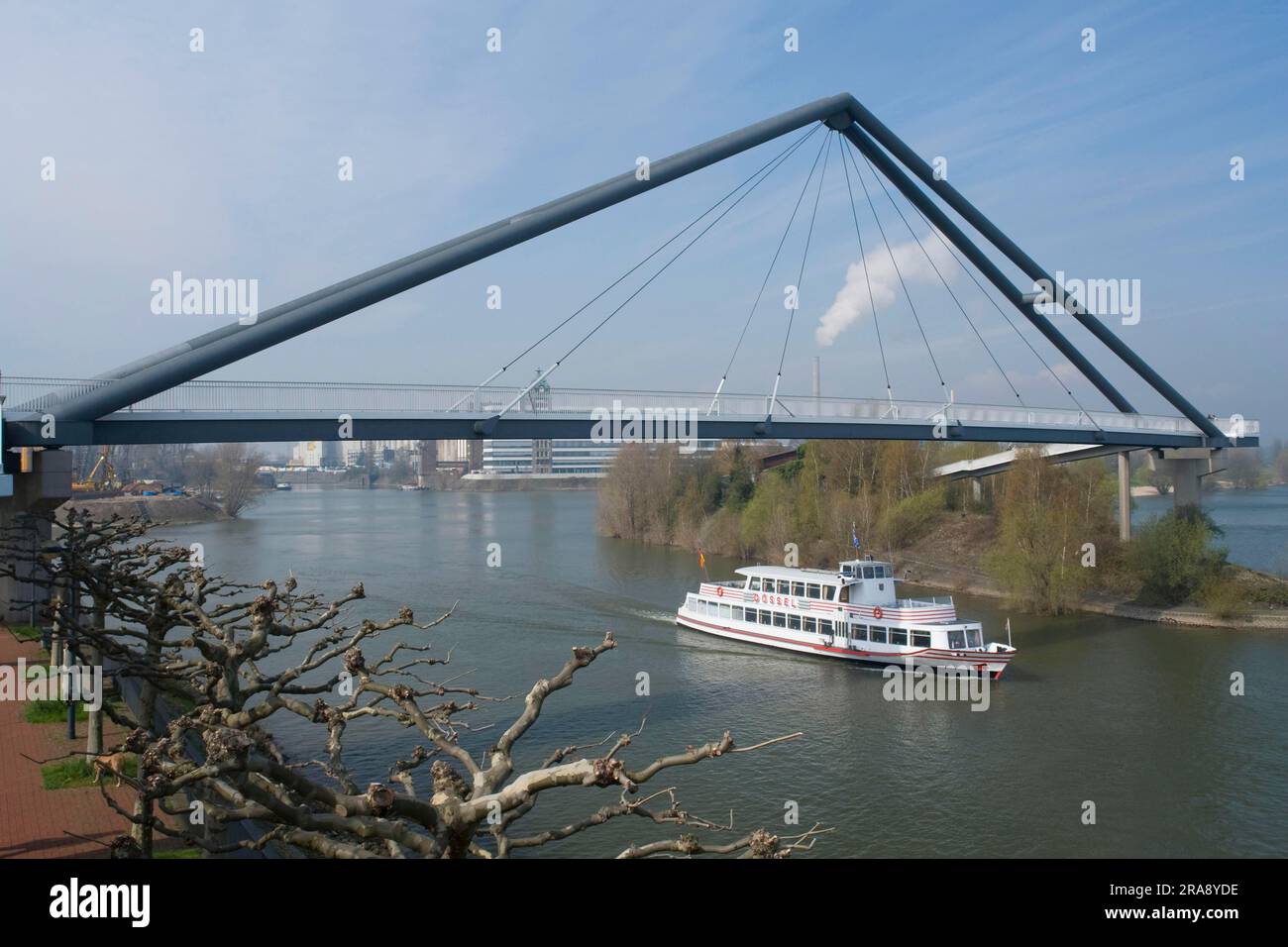 Pedestrian bridge, ferry on Rhine, Media Harbour, Duesseldorf, North ...