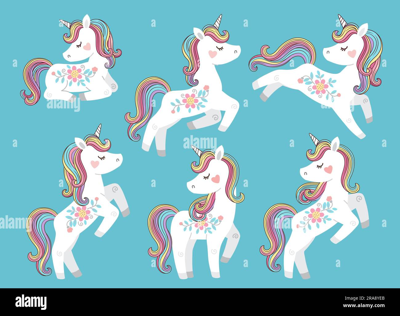 Vector set of beautiful white unicorns with flowers and rainbow mane and tail Stock Vector Image ...