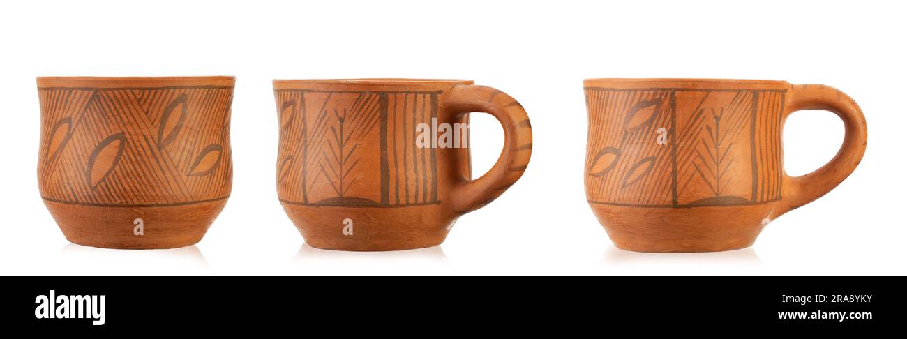Three clay cups with ornaments, set. Rustic style. Isolated on white ...