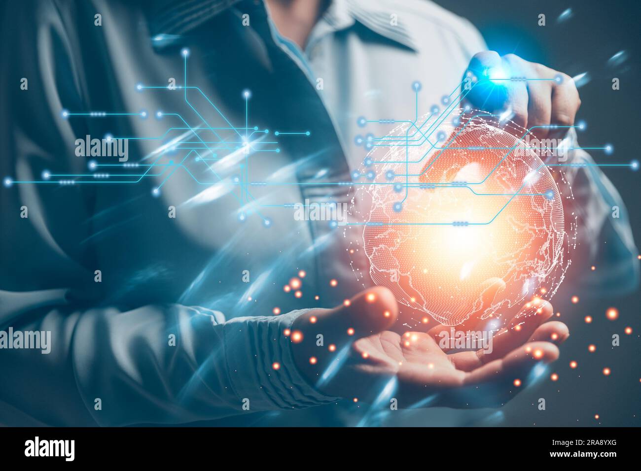 woman Hand holding Light bulb Global Internet connection. Business ...