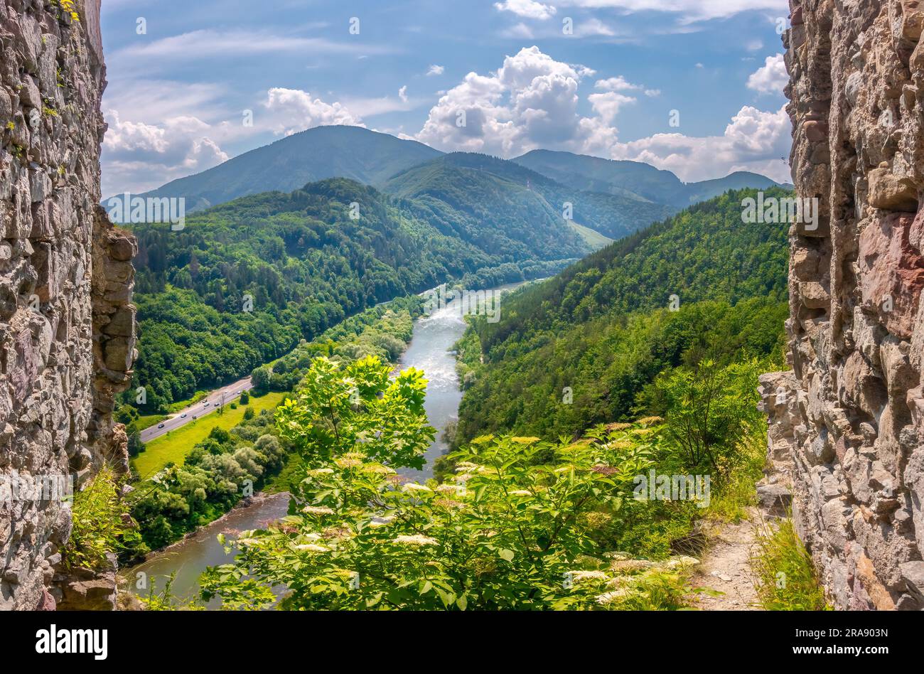 Scenic view of the bend of Vah river and Carpathian mountains panorama ...