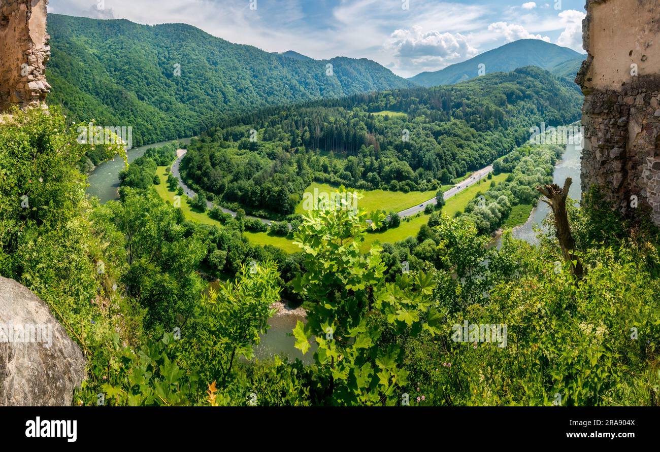 Scenic view of the bend of Vah river and Carpathian mountains panorama ...