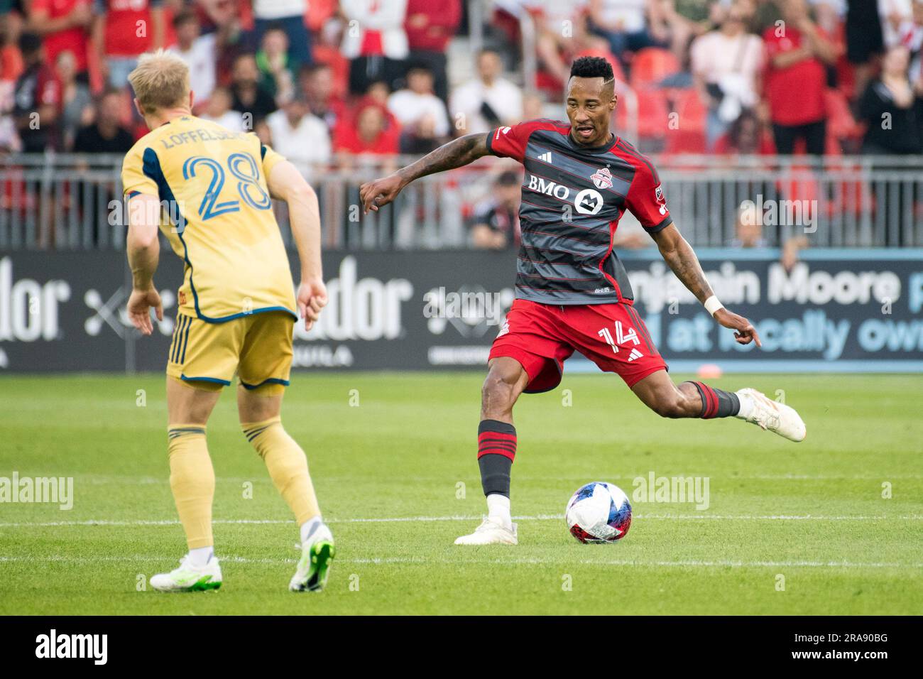 Toronto, Canada. 01st July, 2023. Mark-Anthony Kaye #14 (R) and Jasper ...