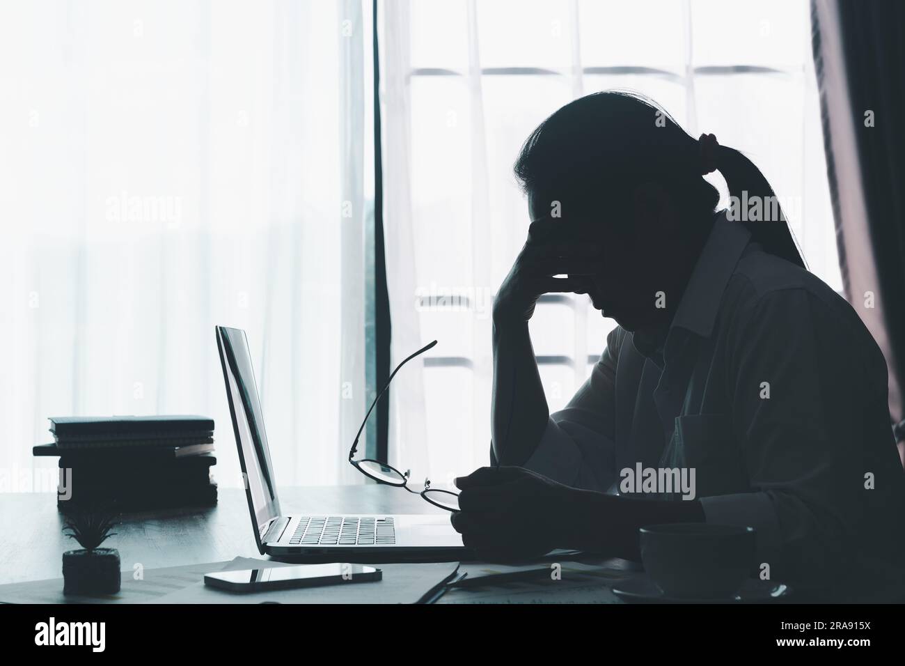 Stress business woman person from hard work, depression in office ...