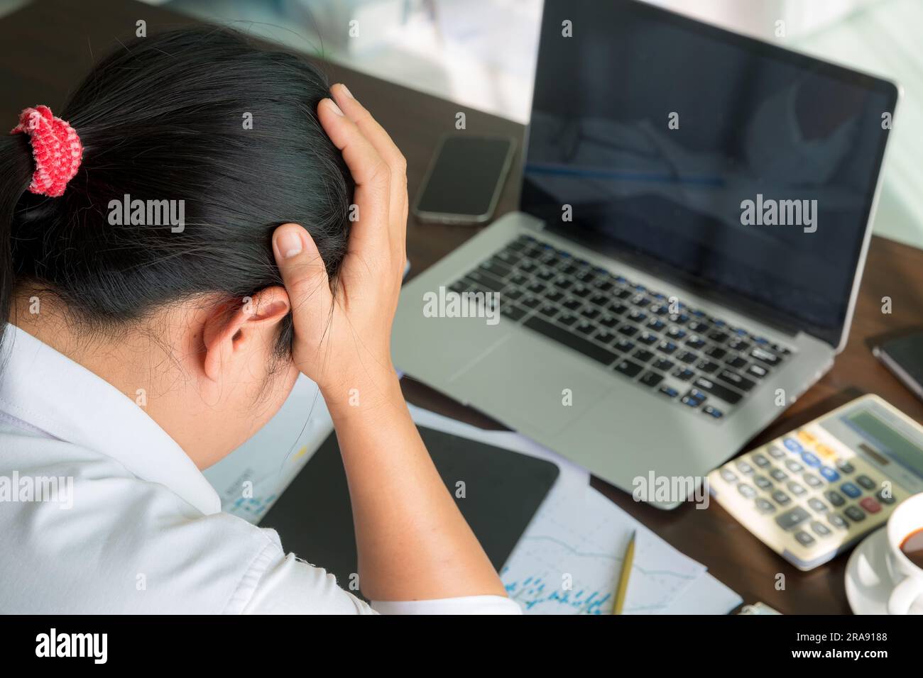 Stress business woman person from hard work, depression in office ...