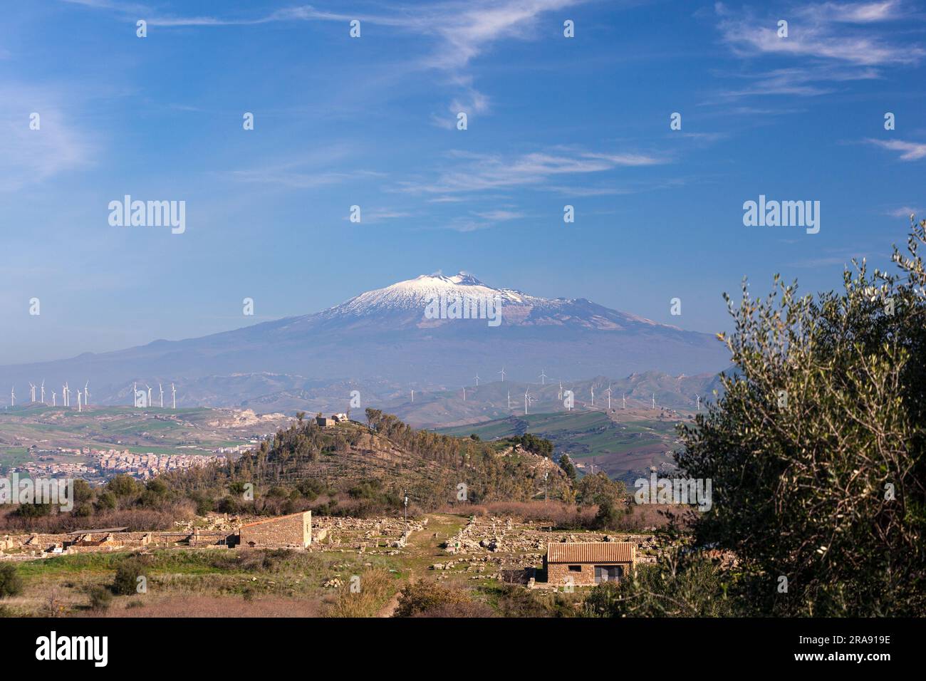 Panoramic view of the ancient greek city of Morgantina with Etna ...