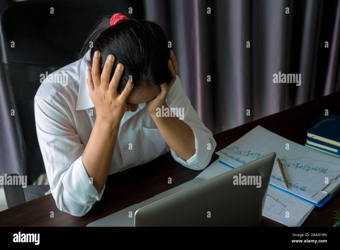 Stress business woman person from hard work, depression in office ...