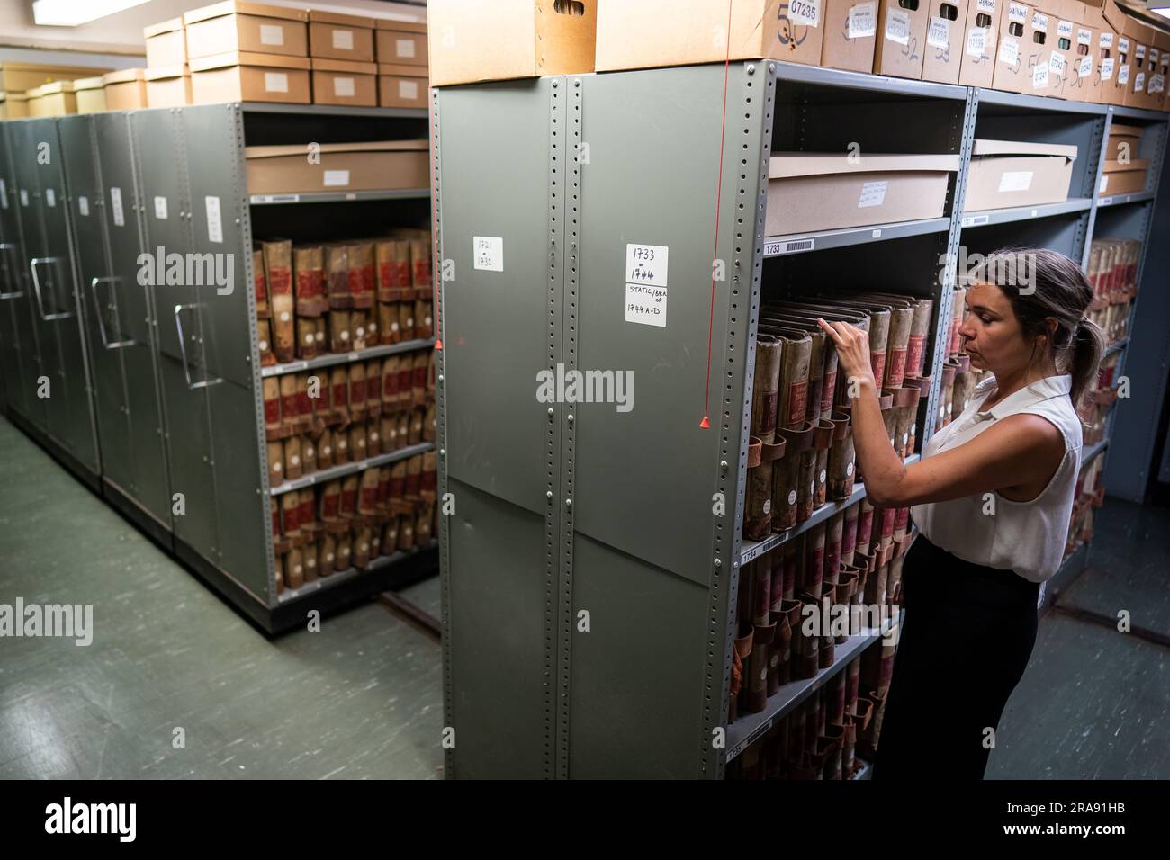 Director of the London Metropolitan Archives (LMA) Emma Markiewicz in the storage facility of ...