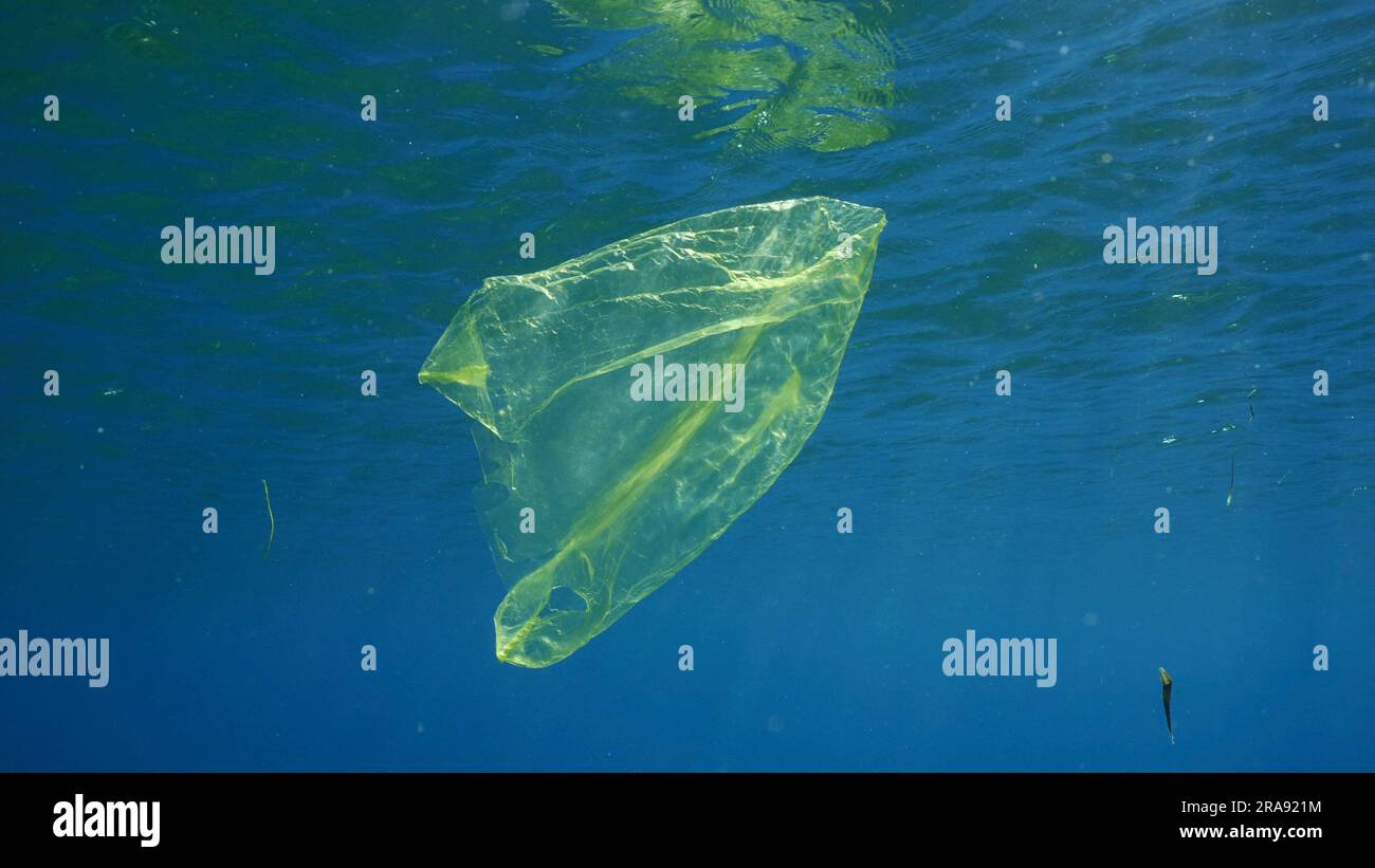 Used yellow disposable plastic bag drifts under surface of blue water ...