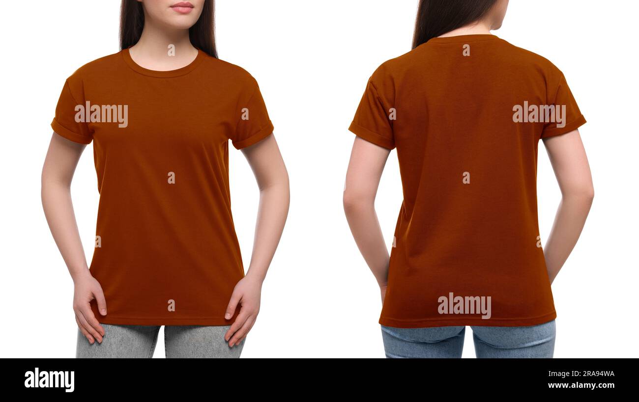 Collage with photos of woman in brown t-shirt on white background ...