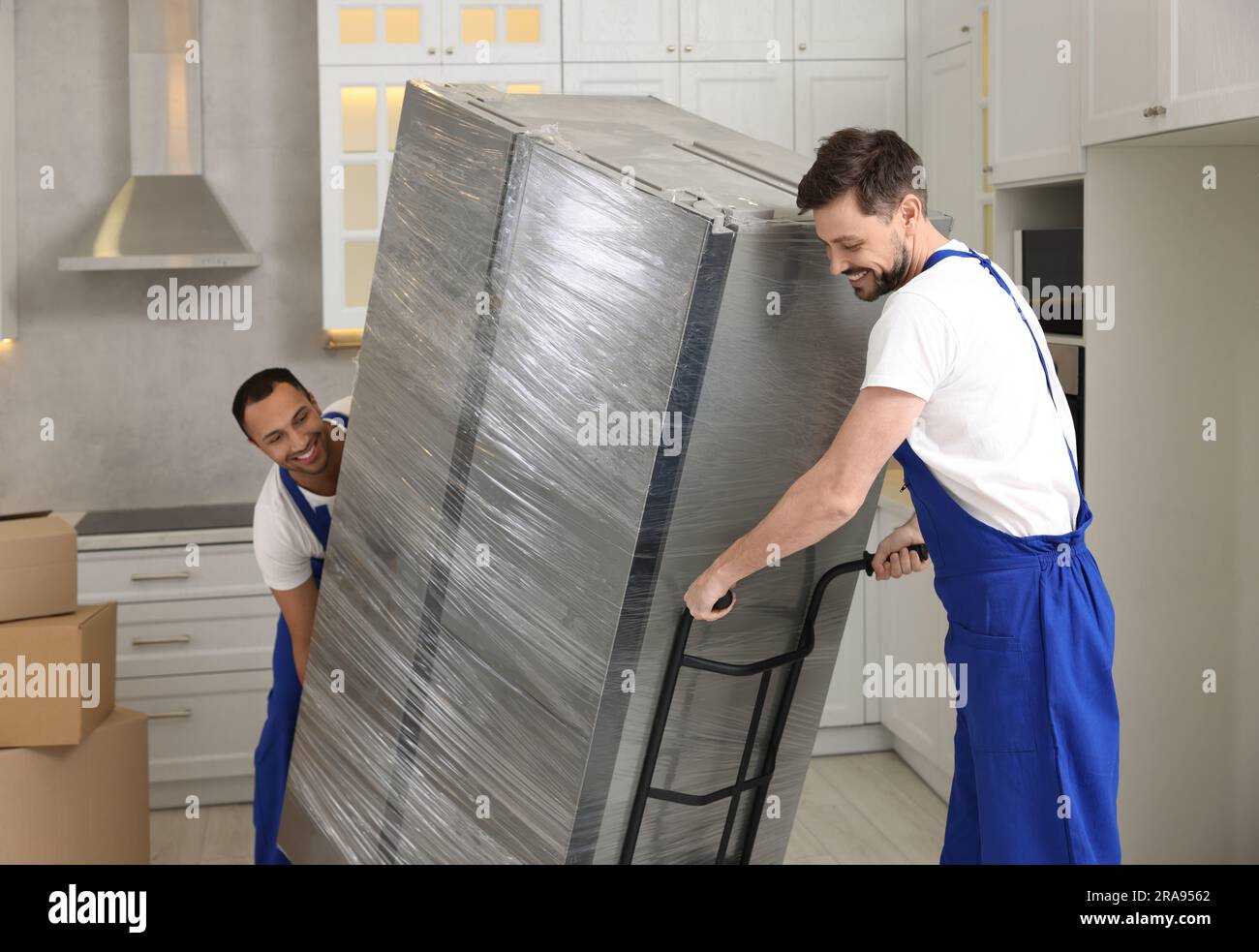 Male movers carrying refrigerator in new house Stock Photo - Alamy