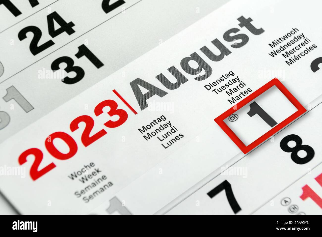 German calender August 1 2023 closeup Week Monday Thursday Wednesday ...