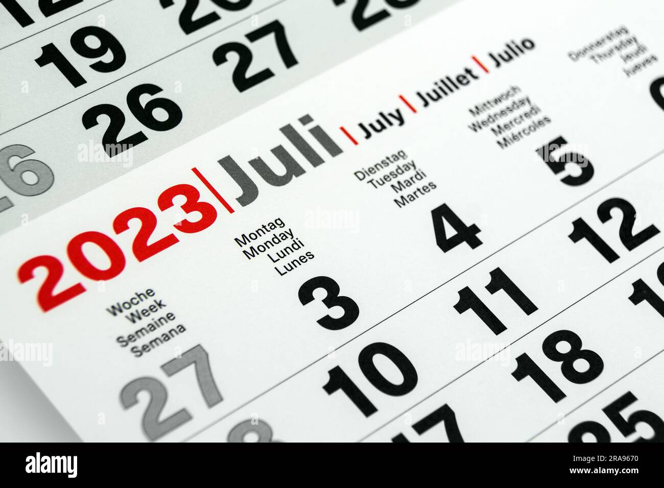 German calender July 2023 closeup Week Monday Tuesday Wednesday ...