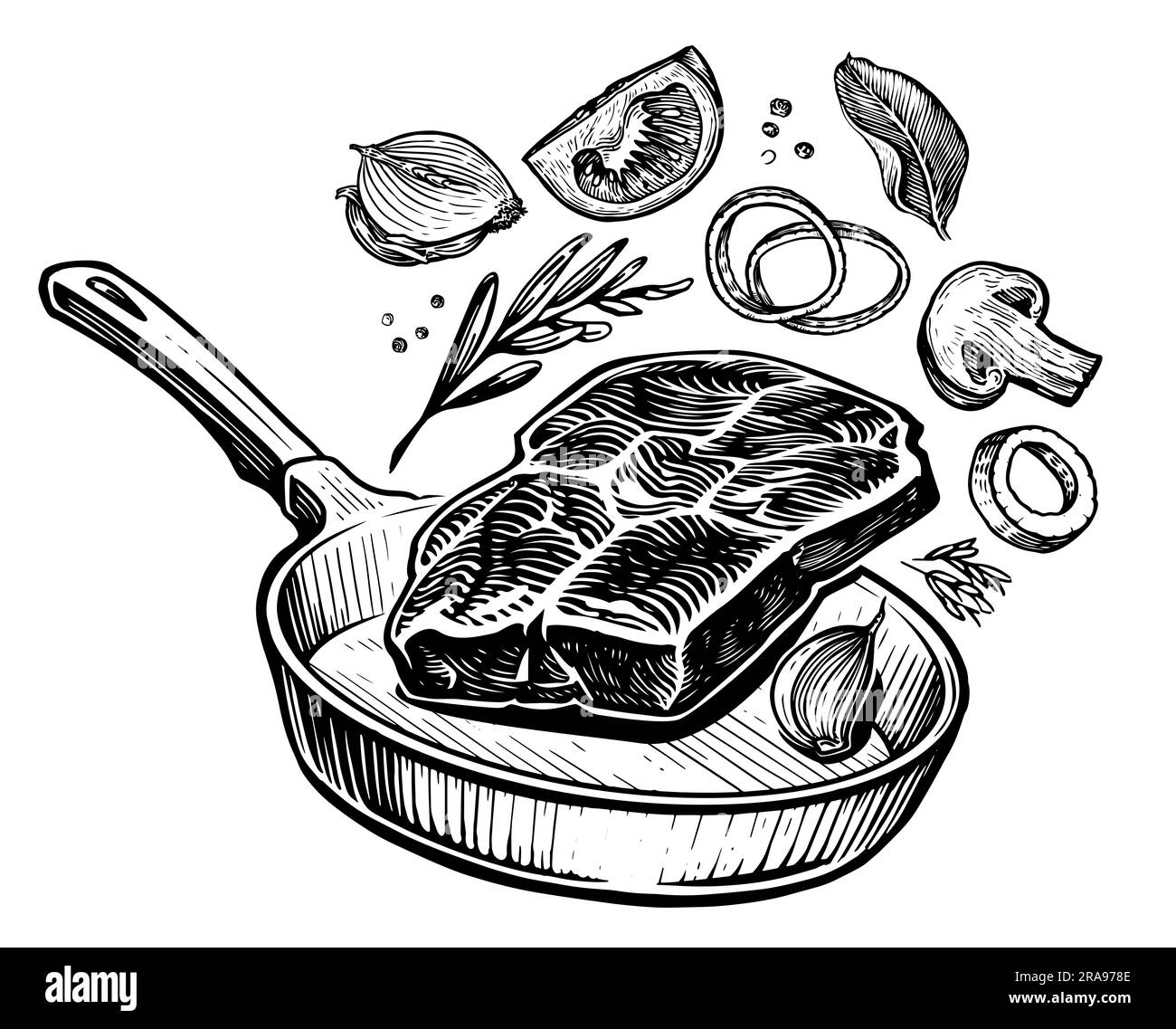 Fried steak with vegetables in a pan. Meat dish cooking. Sketch ...