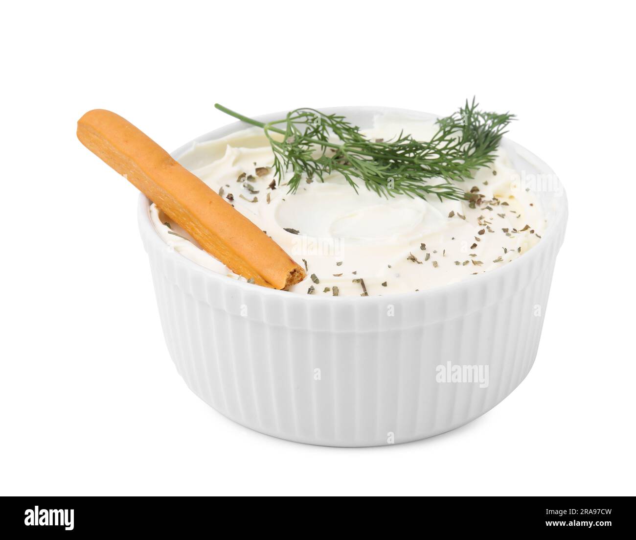 Delicious cream cheese with grissini stick and dill on white background ...