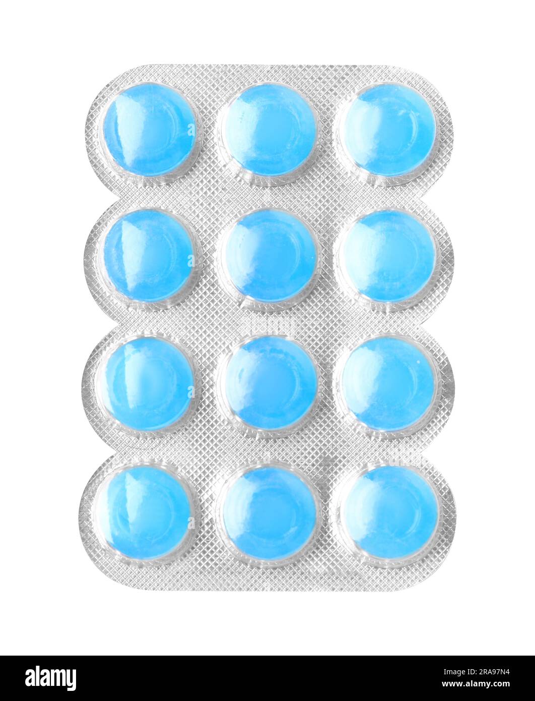 Blister with light blue cough drops isolated on white, top view Stock ...