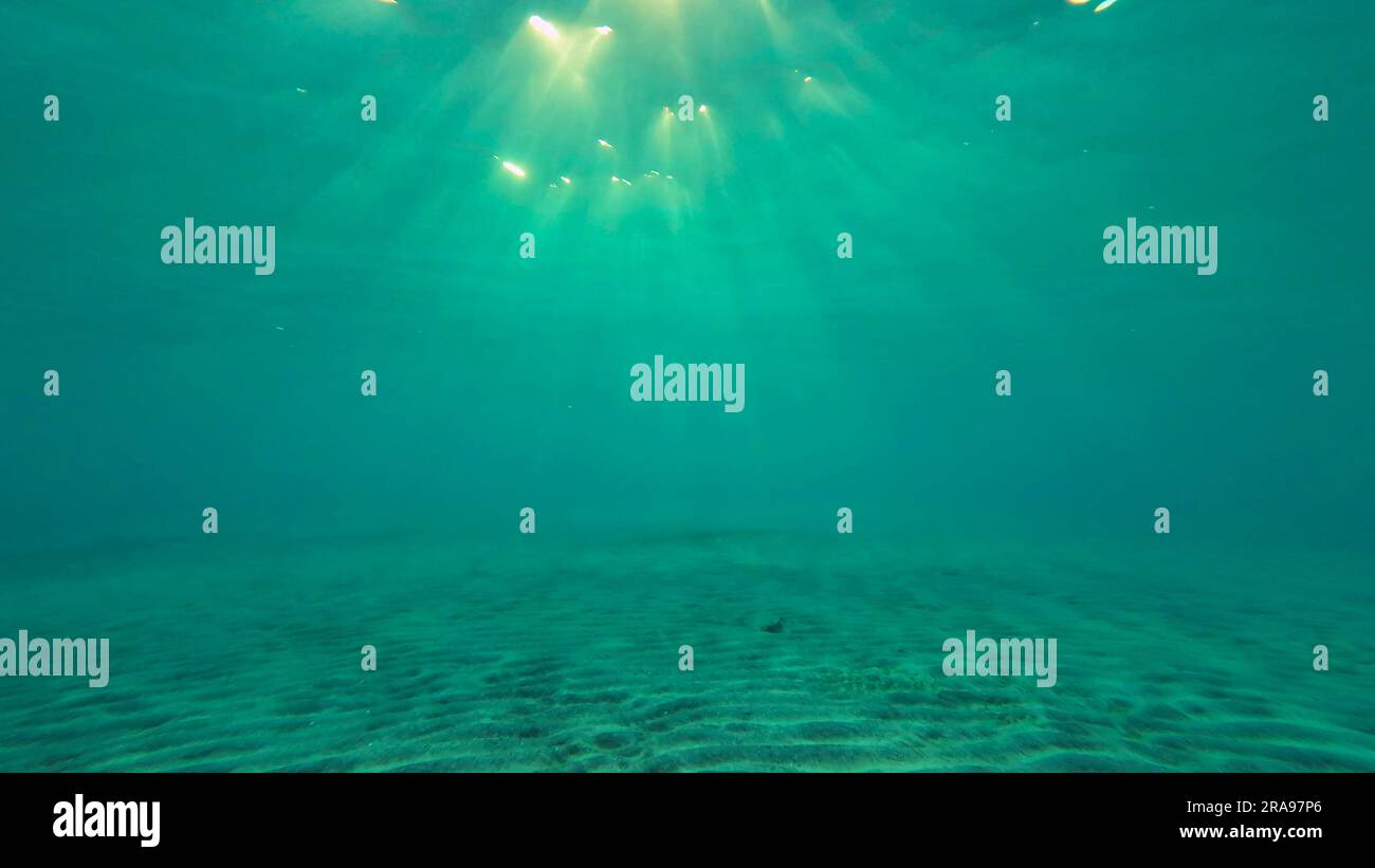 Low angle wide shot sun rays penetrating surface of water in the ...