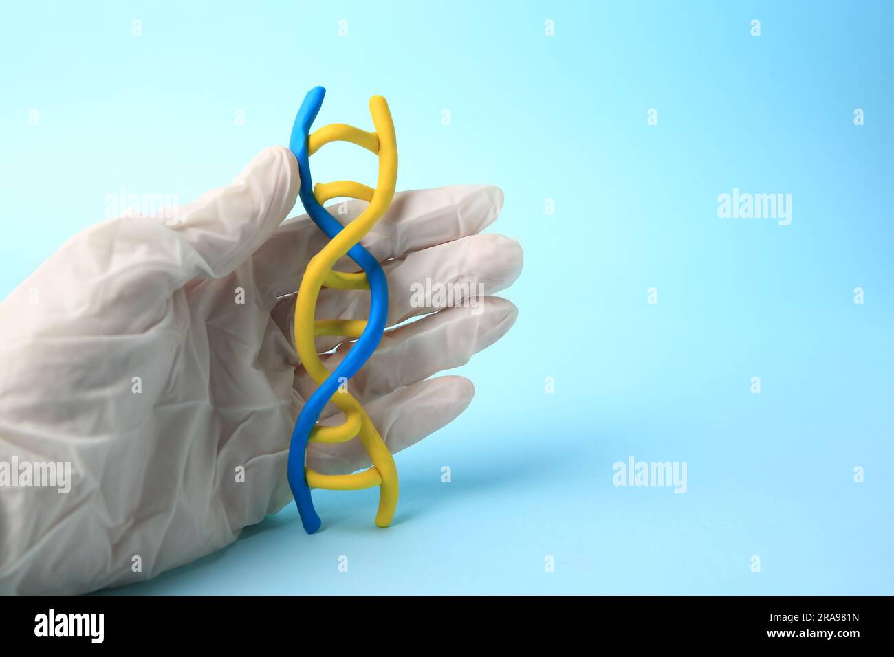 Scientist with DNA molecule model made of plasticine on light blue ...