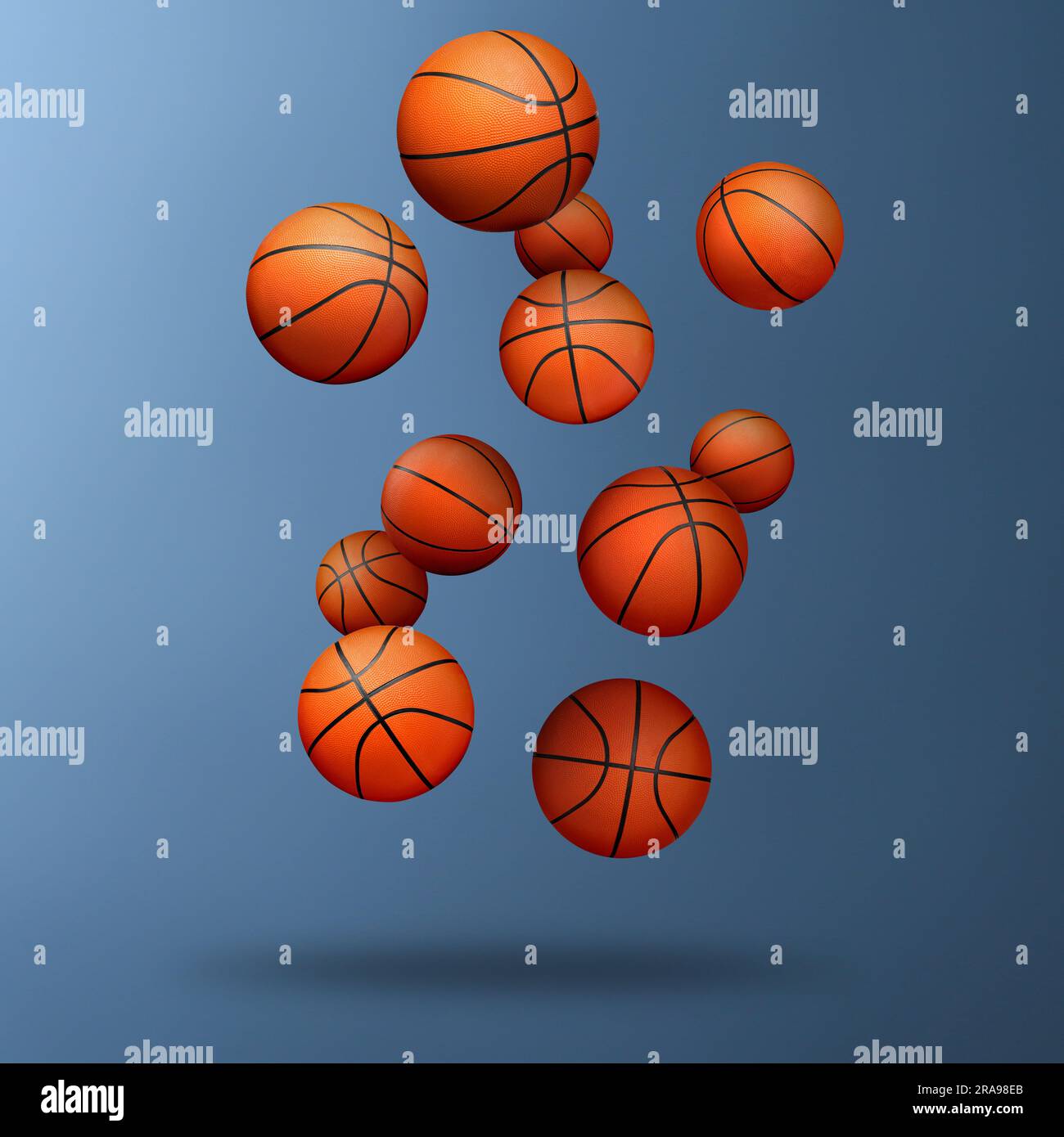 Many basketball balls falling on steel blue gradient background Stock ...