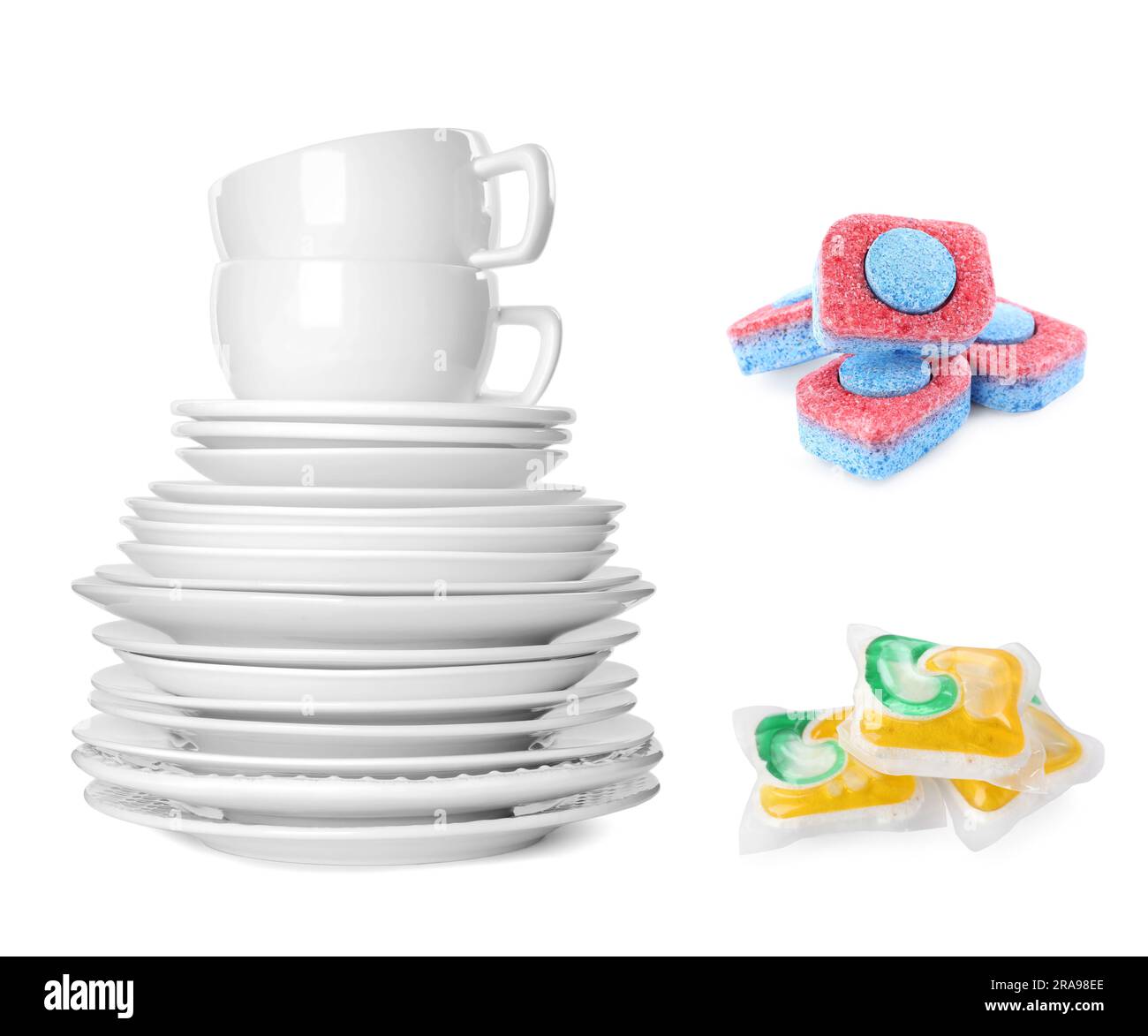 Different dishwasher detergents and stack of clean tableware isolated ...
