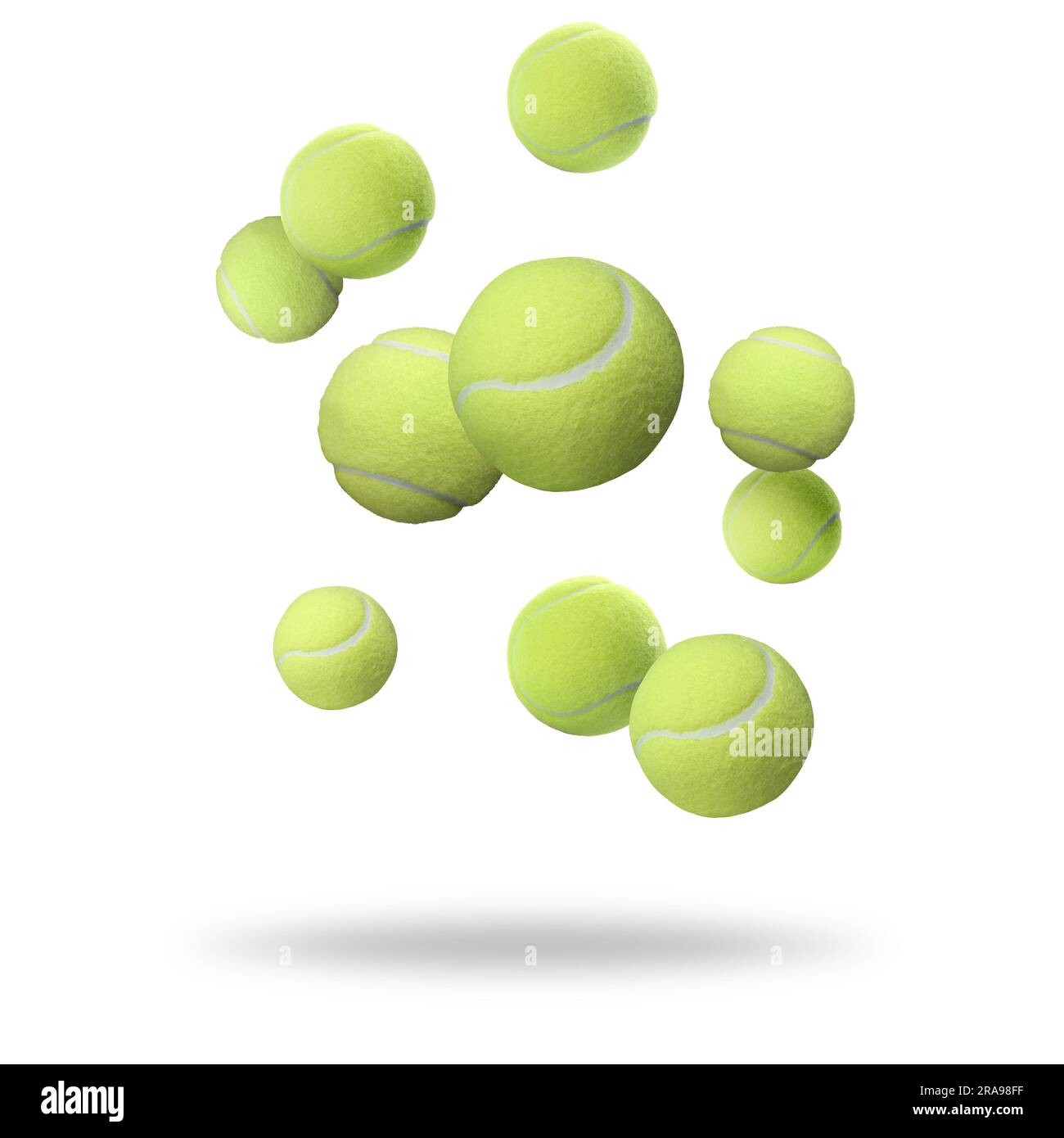 Many tennis balls falling on white background Stock Photo - Alamy