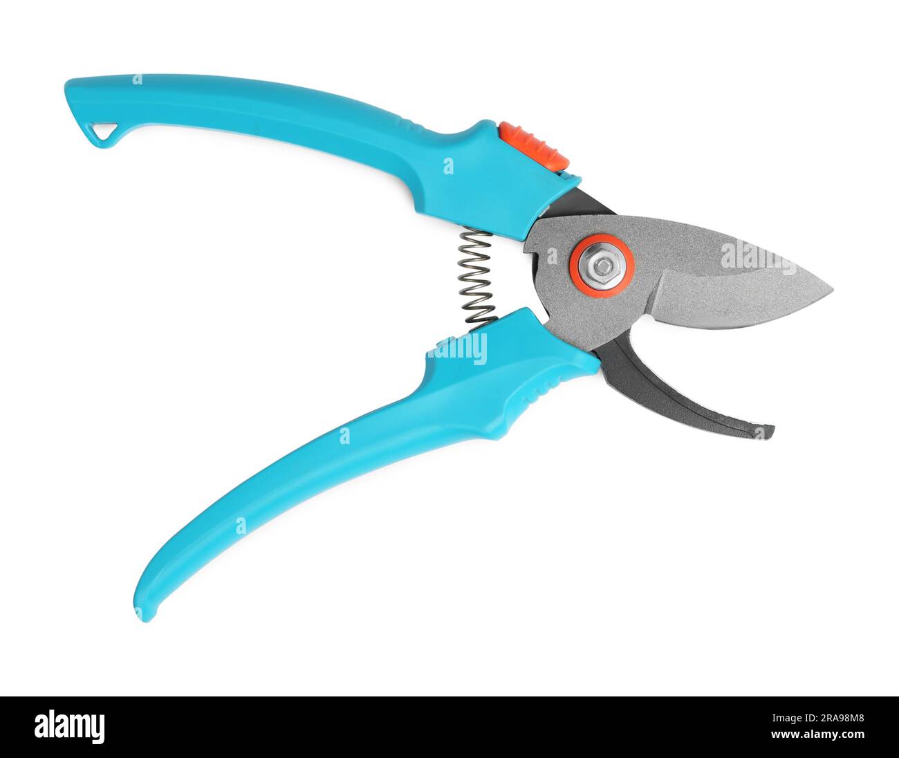 Secateurs with light blue handles isolated on white, top view. Gardening tool Stock Photo - Alamy