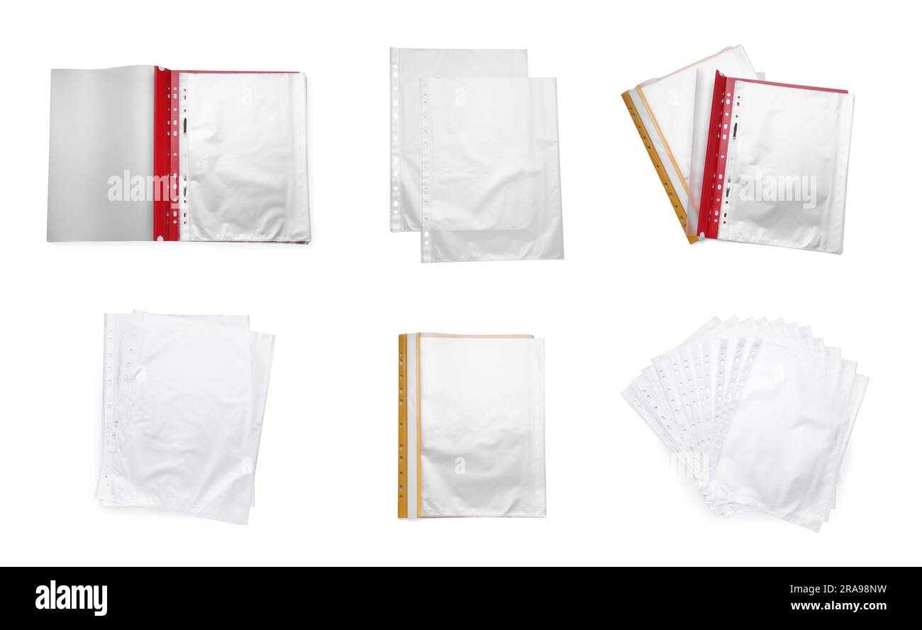 Set of punched pockets and file folders on white background, top view ...