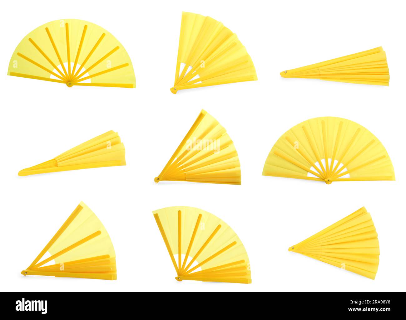 Collage with yellow hand fan on white background, different sides Stock ...