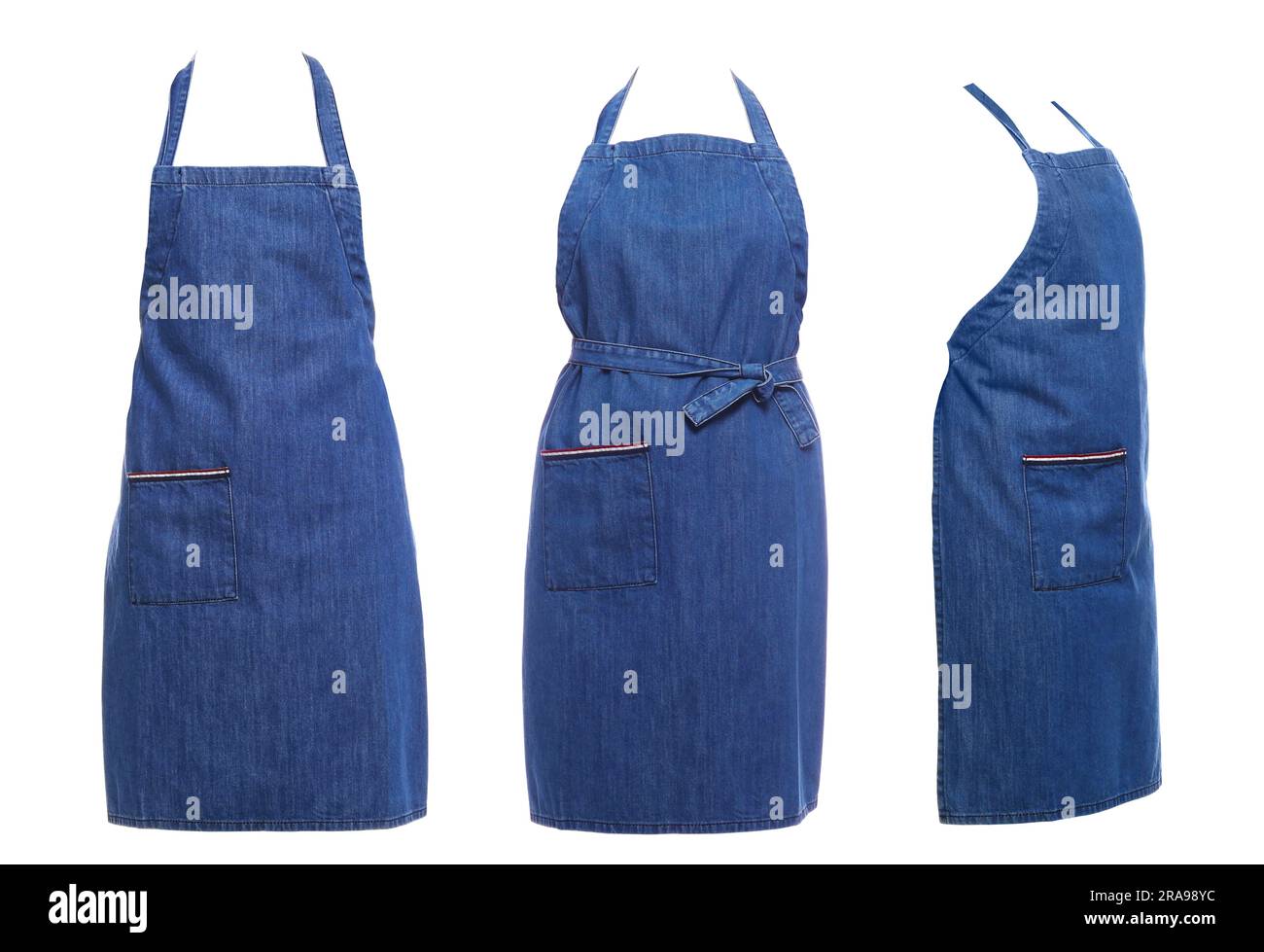 Collage with blue denim apron isolated on white, different sides Stock ...