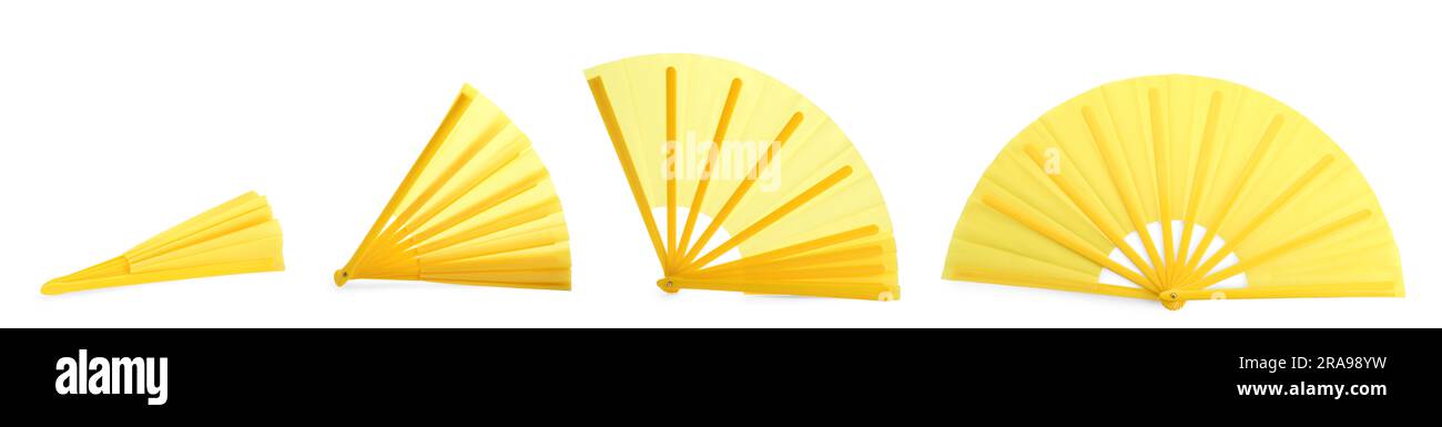 Collage with yellow hand fan on white background, different sides Stock ...