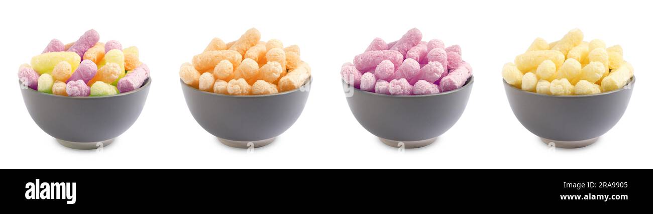 Set of bowls with colorful corn puffs on white background Stock Photo ...