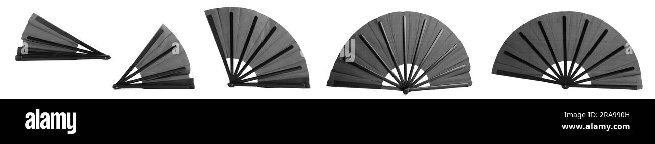 Collage with black hand fan on white background, different sides Stock ...