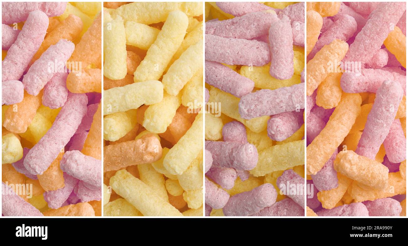 Collage with tasty corn puffs in different colors, top view Stock Photo ...